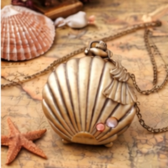 Jewelry | Vintage Bronze Seashell Pocket Watch Necklace Nautical ...